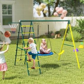 Dětská houpačka Outsunny 4-v-1 s hnízdem a samostatnou houpačkou, lezeckou sítí, basketbalovým košem, žebříkem, žlutá