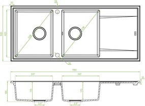 Laveo Megalo, 2-komorový granitový dřez 1160x500x185 mm s dlouhým odkapávačem, černá, LAV-SBE_721B