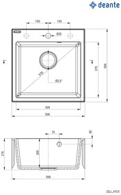 Deante Evora, 1-komorový granitový dřez 500x500x216 mm, antracitová metalíza, DEA-ZQJ_T103