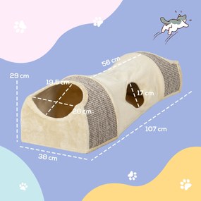 PawHut tunel pro kočky se 2 domečky, 3 otvory, skládací tunel pro kočky do 6 kg, vnitřní, béžový | Aosom