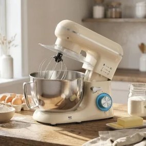 HOMCOM Kuchyňský robot a hnětač s nerezovou mísou 4,5 l, 1300 W, mixér na těsto se 6+P rychlostmi, béžová
