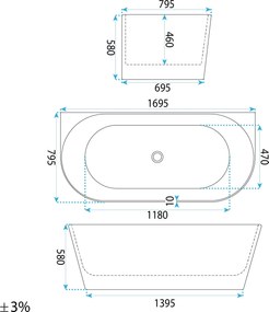 Volně stojící akrylátová vana REA CAPRI SLIM 170x80 cm bílý, sifon Click-Clack - bílý