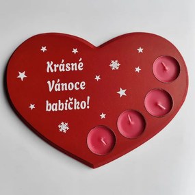 Dřevěný vánoční svícen srdce Krásné Vánoce červené svíčky