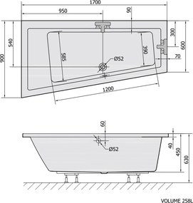 Polysan Andra L asymetrická vana 170 x 90 x 45 cm levá akrylát ivory béžová 81111.40