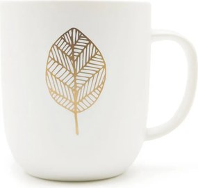 Porcelánový hrnek Pure Gold, bílý, 400 ml – tichý luxus, motiv zlatého listu, matný povrch