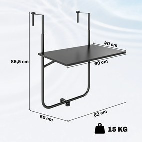 Balkonový stolek Outsunny pro zavěšení Skládací závěsný stolek 3-násobně výškově nastavitelný do 15 kg 62x60 cm černý pro balkon a terasu | Aosom.de