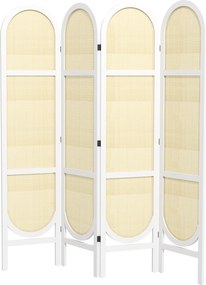 HOMCOM Dřevěná Příčka do Interiéru 4 Panely 170 x 160 cm, Skládací a Přenosná, Ručně Tkaný Vzor, Oddělovací Příčka pro Obývací Pokoj a Ložnici, Bílá