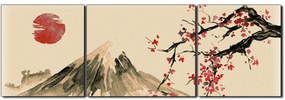 Obraz na plátně - Tradiční sumi-e obraz: sakura, slunce a hory - panoráma 5271FC (90x30 cm)