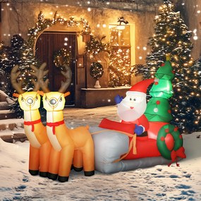 Outsunny Nafukovací vánoční dekorace, Santa Claus v sobím saních, polyesterová látka, LED světla, barevné