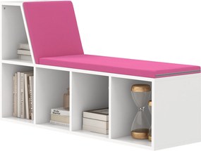 HOMCOM knihovní regál 2 v 1 s lavicí, 5 úložných přihrádek a 2 polštáři 108 x 30 x 60 cm bílá/růžová