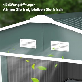 Kovová zahradní kůlna Outsunny 12,4 m², s šikmou střechou, posuvnými dveřmi a základem, 386 x 340 x 200 cm, odolná vůči počasí, pro zahradu, tmavě ze…