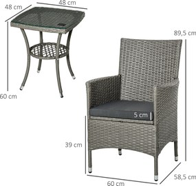 Zahradní ratanový nábytek Outsunny, s bočním stolkem, bistro set, 3-dílná sada balkónového nábytku, zahradní ratanová souprava, sedací souprava, 60x5…