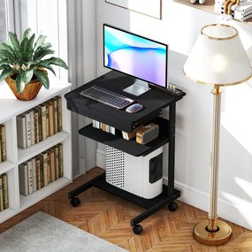 HOMCOM Psací stůl na kolečkách s šuplíkem a policemi, 4 kolečka, kompaktní, dřevotříska, kov 920-105V00BK
