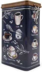 Plechová dóza Barista, 500 g – černá, lesklý povrch, s patentním uzávěrem, s kávovým motivem, na kávu, bylinky, těstoviny a drobnosti