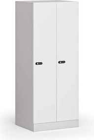 Snížená šatní skříňka S1, 2 oddíly, 1500 x 600 x 500 mm, demont, mechanický kódový zámek, laminované dveře, bílá