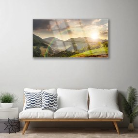 Obraz na skle Louka Hory Západ Slunce 140x70 cm