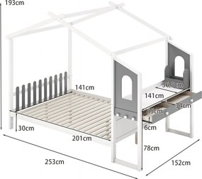 Costway Dvojlůžko ve tvaru House s psacím stolem a zásuvkami a 18 dřevěnými