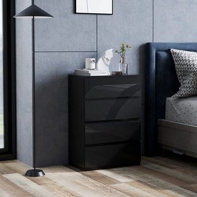 HOMCOM Moderní komoda se 4 šuplíky, design proti převrhnutí, do obývacího pokoje a chodby 55x34x80 cm lesklá černá
