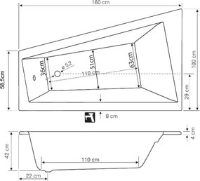 Aqualine Metuje G2610 asymetrická vana 160 x 100 cm akrylátová levá