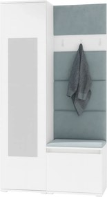 Bílá předsíňová stěna se skříní a zrcadlem Emi 13 s šedými čalouněnými panely Trinity 14