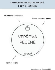 Samolepka na kořenky VEPŘOVÁ PEČENĚ průhledná 5 cm základní písmo