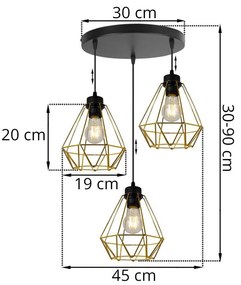 Závěsné svítidlo Fusion, 3x zlaté drátěné stínítko,