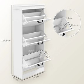 HOMCOM Úsporný botník s 3 výklopnými zásuvkami pro 15 párů bot, skříň na boty s nastavitelnou policí, 54x24x117,5 cm, bílá