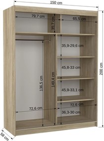 ADRK Furniture Skříň posuvná se zrcadlem DORRIGO 150 ADRK-SW-DOR-T-150