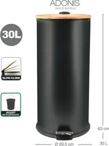 Spirella ADONIS pedálový odpadkový koš 30 L matná černá / ocel / bambu
