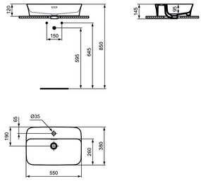 Ideal Standard Ipalyss- Umyvadlo na desku, s přepadem, s plochou pro baterii 55x38 cm, + Ideal Plus, E2077MA