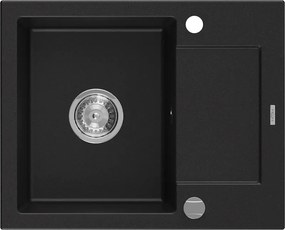 Mexen Enzo jednodřezový granitový dřez s odkapávačem 576 x 465 mm, černý, sifon chrom - 6506571005-77