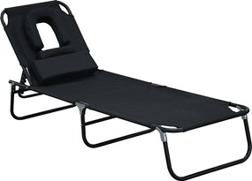 Zahradní lehátko Outsunny Relaxační lehátko s otvorem na obličej a čtecím okénkem, třínohé, černé, ideální pro relaxaci venku | Aosom.de