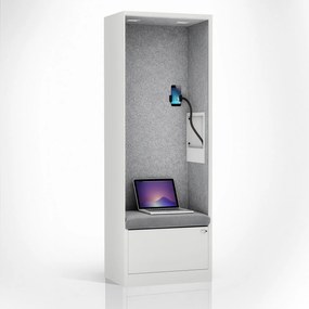 Kancelářská akustická kabina se sedátkem a USB-C portem, korpus bílý / sedák šedá, 600 mm: SALLY MentalBox