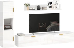 HOMCOM 3dílná závěsná TV stěna s policií a úložnou skříňkou — pro TV do 140 cm (55 palců), bílý vysoký lesk | Aosom