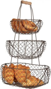 Hnědý kovový patrový stojan se 3 košíky a držadlem - 30*22*50 cm