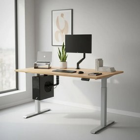 Výškově nastavitelný stůl OfficeTech D, 140 x 80 cm, šedá podnož, dub zlatý