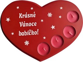 Dřevěný vánoční svícen srdce Krásné Vánoce červené svíčky