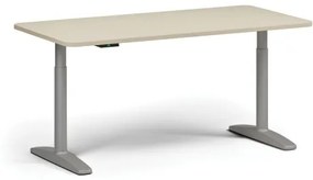 Výškově nastavitelný stůl OBOL, elektrický, 675-1325 mm, zaoblené rohy, deska 1600x800 mm, šedá zaoblená podnož, bříza