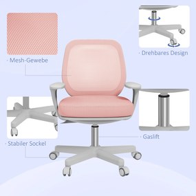 Ergonomická kancelářská židle Vinsetto z prodyšné tkaniny s 5 kolečky, nastavitelná výška, 55x48x82,5-94,5 cm, Růžová