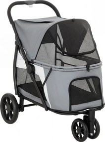 Skládací kočárek pro psy s omyvatelným polštářem, síťovaná okna, 3 kolečka, pro středně velké psy do 20 kg, šedý