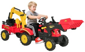 HOMCOM Šlapací traktor s přívěsem a čelním nakladačem, šlapací bagr pro děti od 3 let, červený, 179 x 42 x 59 cm, ideální pro zábavu a hry | Aosom.de