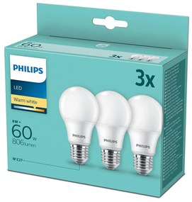 Philips | SADA 3x LED Žárovka Philips A60 E27/8W/230V 2700K | P4089