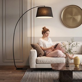 HOMCOM Stojací lampa, zakřivená stojací lampa s látkovým stínidlem, podlahová lampa s kulatou základnou, kov, 105D x 47Š x 190V cm, černá