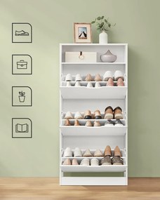 Botník se 3 sklápěcími dveřmi, úložník na boty, 24 x 60 x 139 cm, oblá bílá
