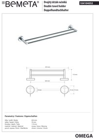 Bemeta Design OMEGA: Držák ručníků, 600 mm, dvojitý -