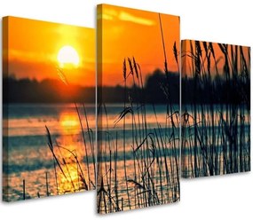 Obraz na plátně třídílný Západ slunce Jezero Tráva Příroda - 150x100 cm