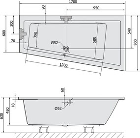 Polysan Andra R Slim 170 x 90 cm vana asymetrická akrylátová pravá 81511S