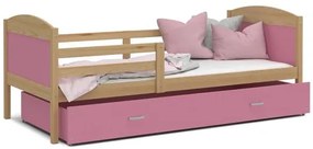 Dětská postel MATYAS P 90x200 cm s borovicovou konstrukcí v růžové barvě se šuplíkem.