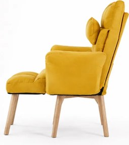 relaxační křeslo, polohovací, s podnožkou, dřevo/textil, 101x85x69 cm, nohy světlé/hořčicová, Dekorino SILVANA