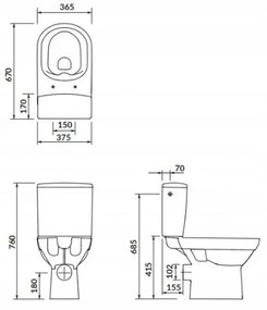 Cersanit CITY - WC kombi + antibakteriální sedátko s funkcí pomalého zavírání, horizontální odpad, přívod vody ze spodu, K35-038